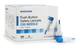 mckesson lancet, push-button safety, blue, depth settings - 1.8 mm depth, 100per box, 12 oz 23 g