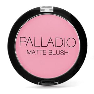 palladio matte blush, brushes onto cheeks smoothly, soft matte look and even finish, flawless velvety coverage, effortless blending makeup, flatters the face, convenient compact, berry pink