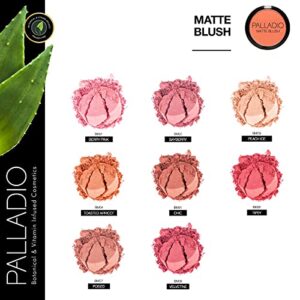 Palladio Matte Blush, Brushes onto Cheeks Smoothly, Soft Matte Look and Even Finish, Flawless Velvety Coverage, Effortless Blending Makeup, Flatters the Face, Convenient Compact, Berry Pink