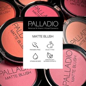 Palladio Matte Blush, Brushes onto Cheeks Smoothly, Soft Matte Look and Even Finish, Flawless Velvety Coverage, Effortless Blending Makeup, Flatters the Face, Convenient Compact, Berry Pink