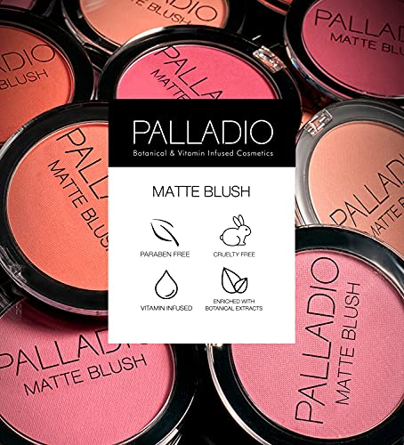 Palladio Matte Blush, Brushes onto Cheeks Smoothly, Soft Matte Look and Even Finish, Flawless Velvety Coverage, Effortless Blending Makeup, Flatters the Face, Convenient Compact, Berry Pink