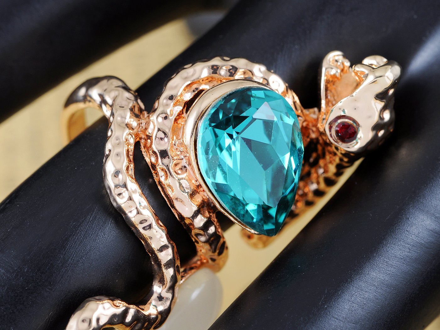 Rose Golden Tone Blue Teardrop Rhinestone Enhanced Slither Snake Statement Ring