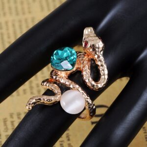 Rose Golden Tone Blue Teardrop Rhinestone Enhanced Slither Snake Statement Ring