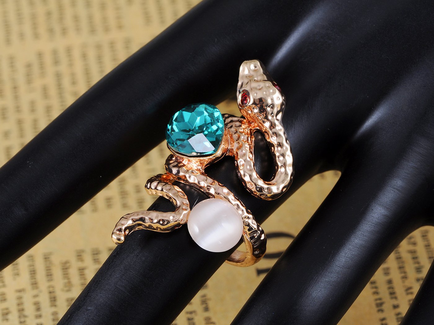 Rose Golden Tone Blue Teardrop Rhinestone Enhanced Slither Snake Statement Ring