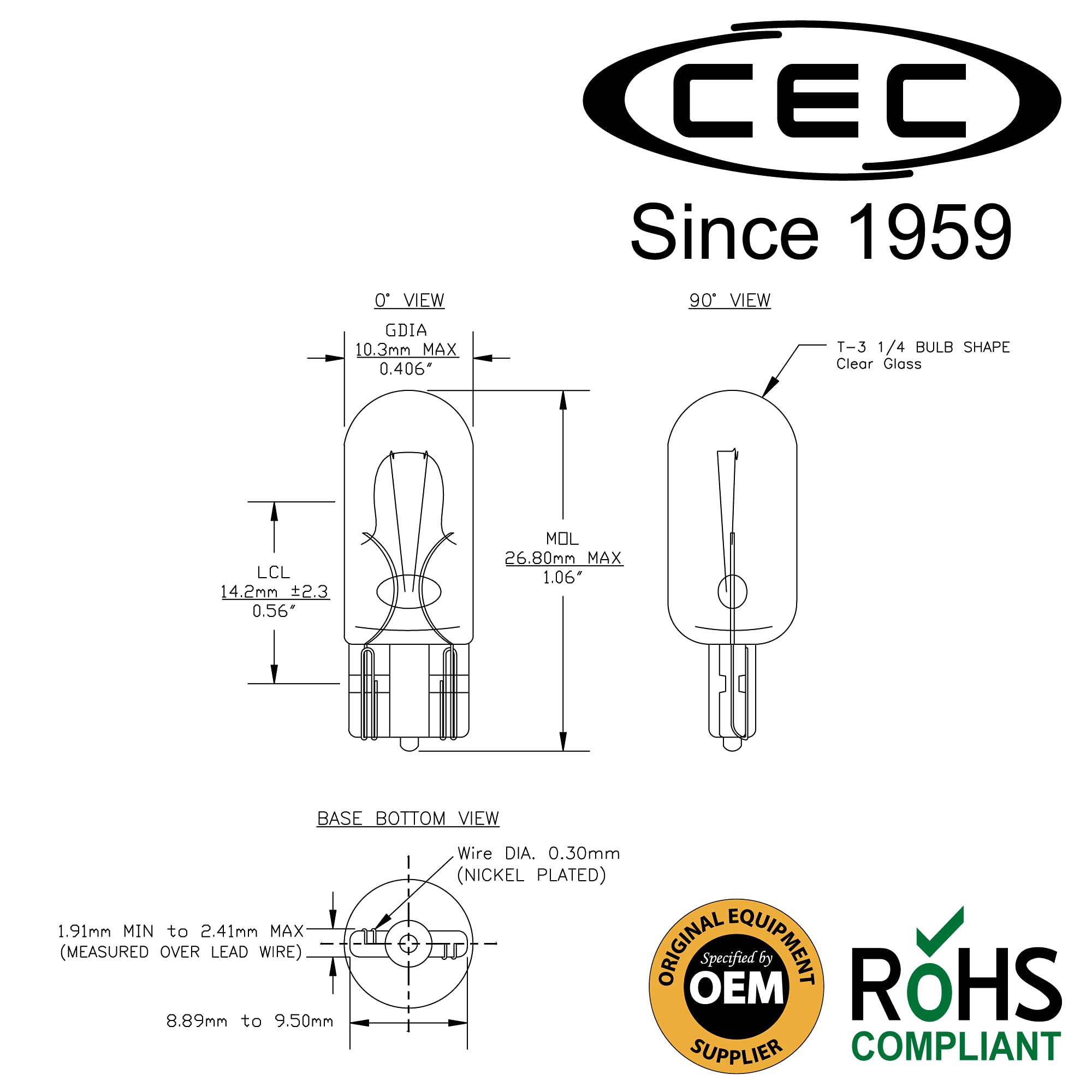 CEC Industries 193 Light Bulb, 14V, 4.62W, T3.25 Shape (10-Pack)