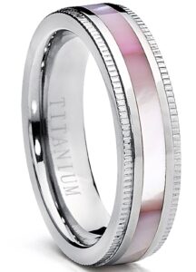 titanium women's pink hues mother of pearl inlaid band ring, comfort fit, 5mm size 8