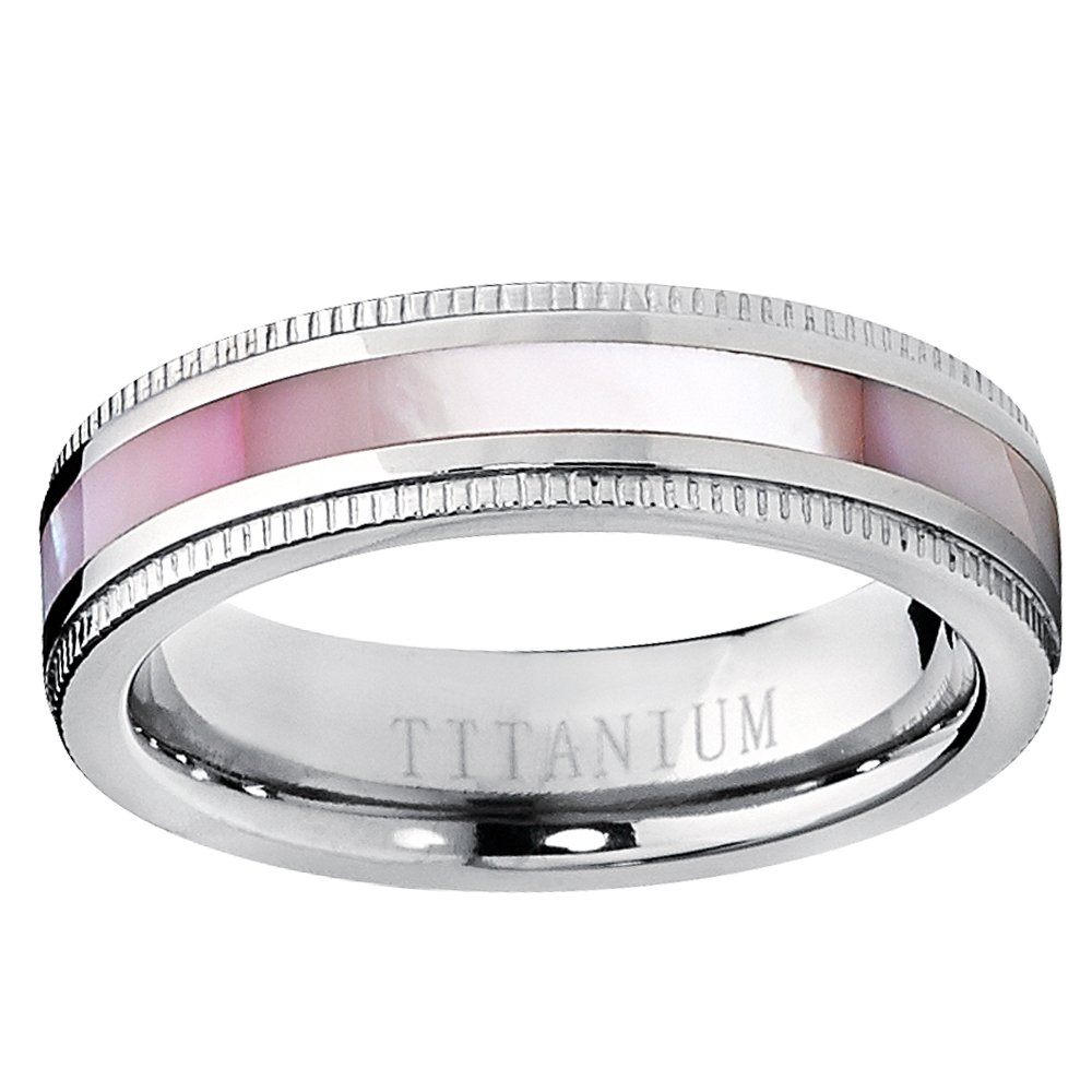 Titanium Women's Pink Hues Mother of Pearl Inlaid Band Ring, Comfort Fit, 5mm Size 8