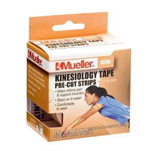 mueller sports medicine kinesiology tape pre-cut strips, beige, 20 strips (2" x 9.75" each)