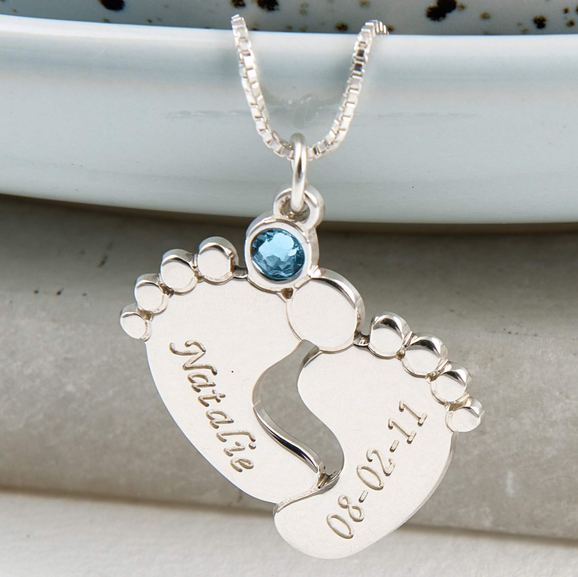 MYKA - Personalized Engraved Baby Feet Pendant Necklace - CZ or Diamond Stone Option - Custom Jewelry for Her, Women, Mom - Dainty Gift for Birthday, Christmas, Mother's Day