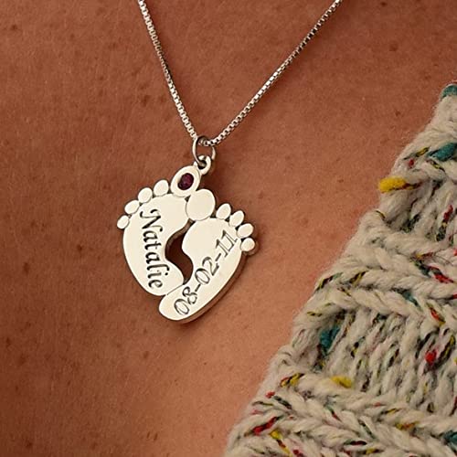 MYKA - Personalized Engraved Baby Feet Pendant Necklace - CZ or Diamond Stone Option - Custom Jewelry for Her, Women, Mom - Dainty Gift for Birthday, Christmas, Mother's Day