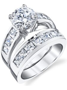 2 carats sterling silver bridal set cubic zirconia engagement wedding ring bands with round and princess cut