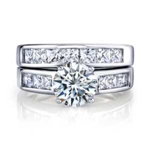 2 Carats Sterling Silver Bridal Set Cubic Zirconia Engagement Wedding Ring Bands with Round and Princess Cut