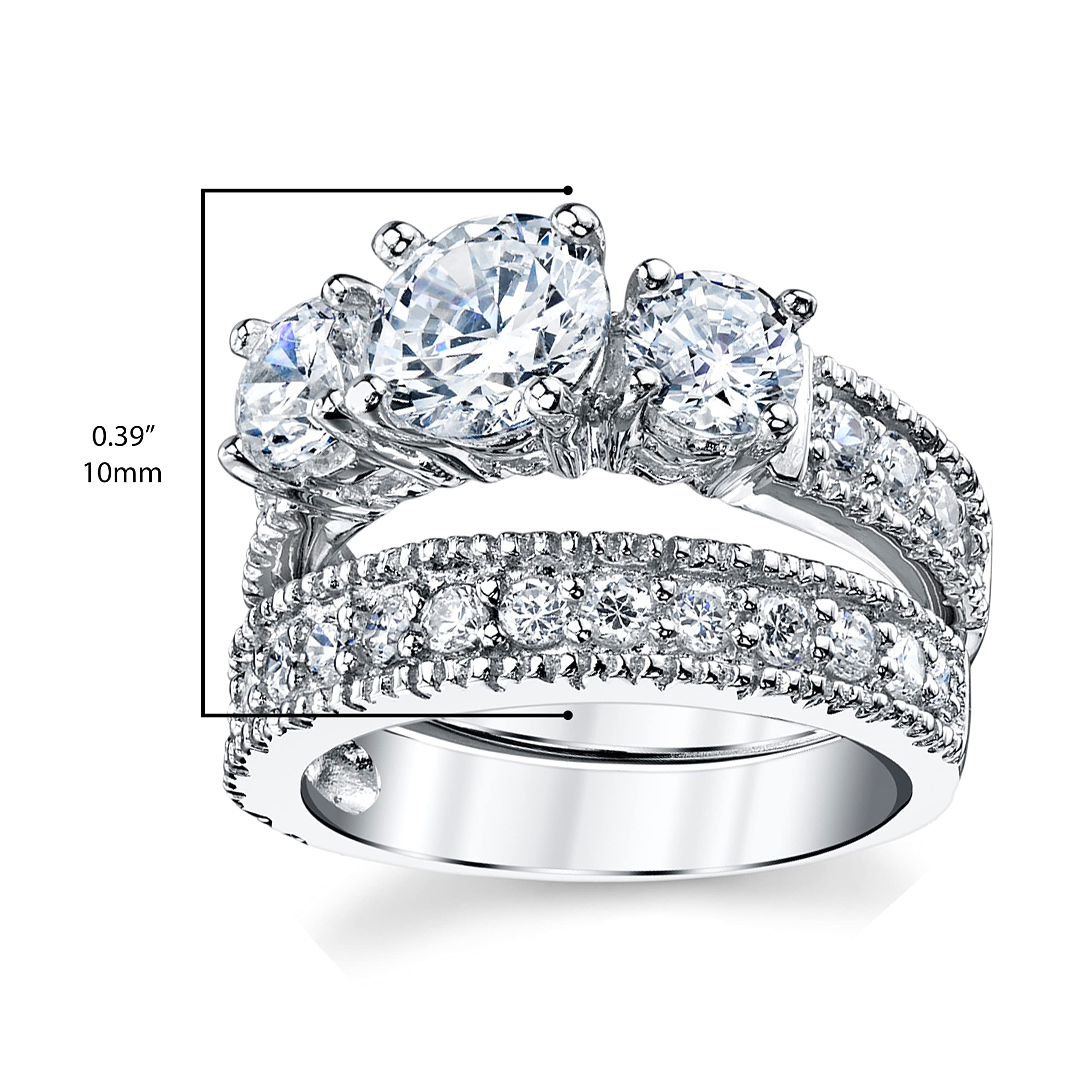 1.25 Carats Sterling Silver Past Present Future 2-Pc Bridal Set Cubic Zirconia Engagement Wedding Ring Band