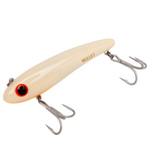 bomber lures mullet slow-sinking twitch, walking saltwater fishing lure, excellent for speckled trout, redfish, stripers and more, 3 1/2", 5/8 oz, bone orange throat