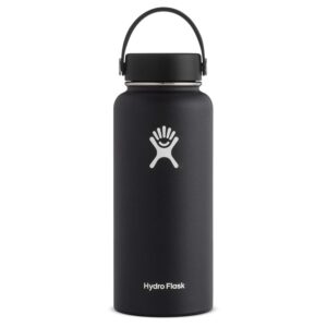 hydro flask water bottle - stainless steel & vacuum insulated - wide mouth with leak proof flex cap - 32 oz, black