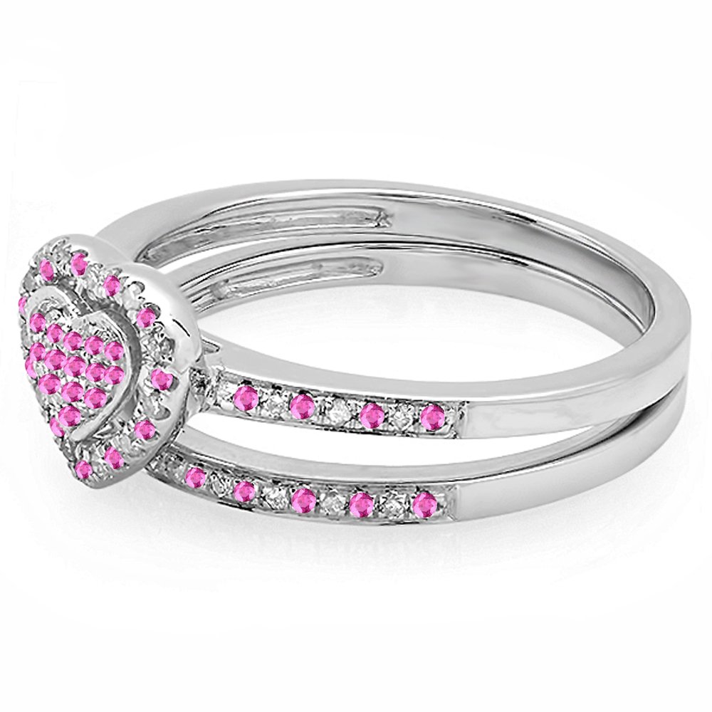 Dazzlingrock Collection Sterling Silver Pink Sapphire & White Diamond Heart Shaped Ring Set, Size 7.5