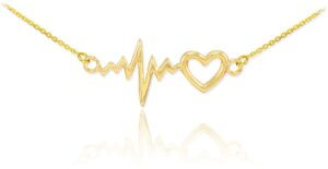 14k yellow gold lifeline pulse heartbeat open heart charm pendant necklace - 18" rolo chain