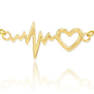 14K Yellow Gold Lifeline Pulse Heartbeat Open Heart Charm Pendant Necklace - 18" Rolo Chain