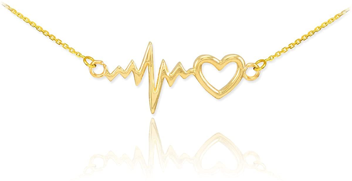 14K Yellow Gold Lifeline Pulse Heartbeat Open Heart Charm Pendant Necklace - 18" Rolo Chain