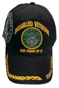 disabled us army baseball cap, black hat, proud of it with golden wreath