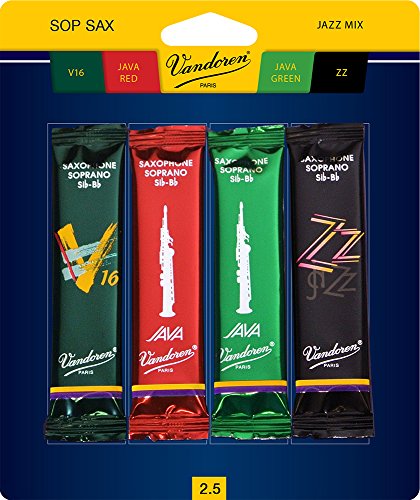 Vandoren SRMIXS25 Soprano Sax Jazz Reed Mix Card includes 1 each ZZ, V16, JAVA Green and JAVA Red Strength 2.5