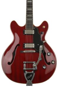 guild starfire v with guild vibrato - transparent cherry red