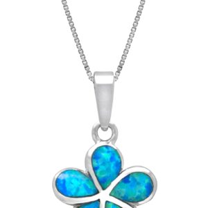 Honolulu Jewelry Company Sterling Silver Plumeria Flower Necklace Pendant with Simulated Blue Opal (19mm)