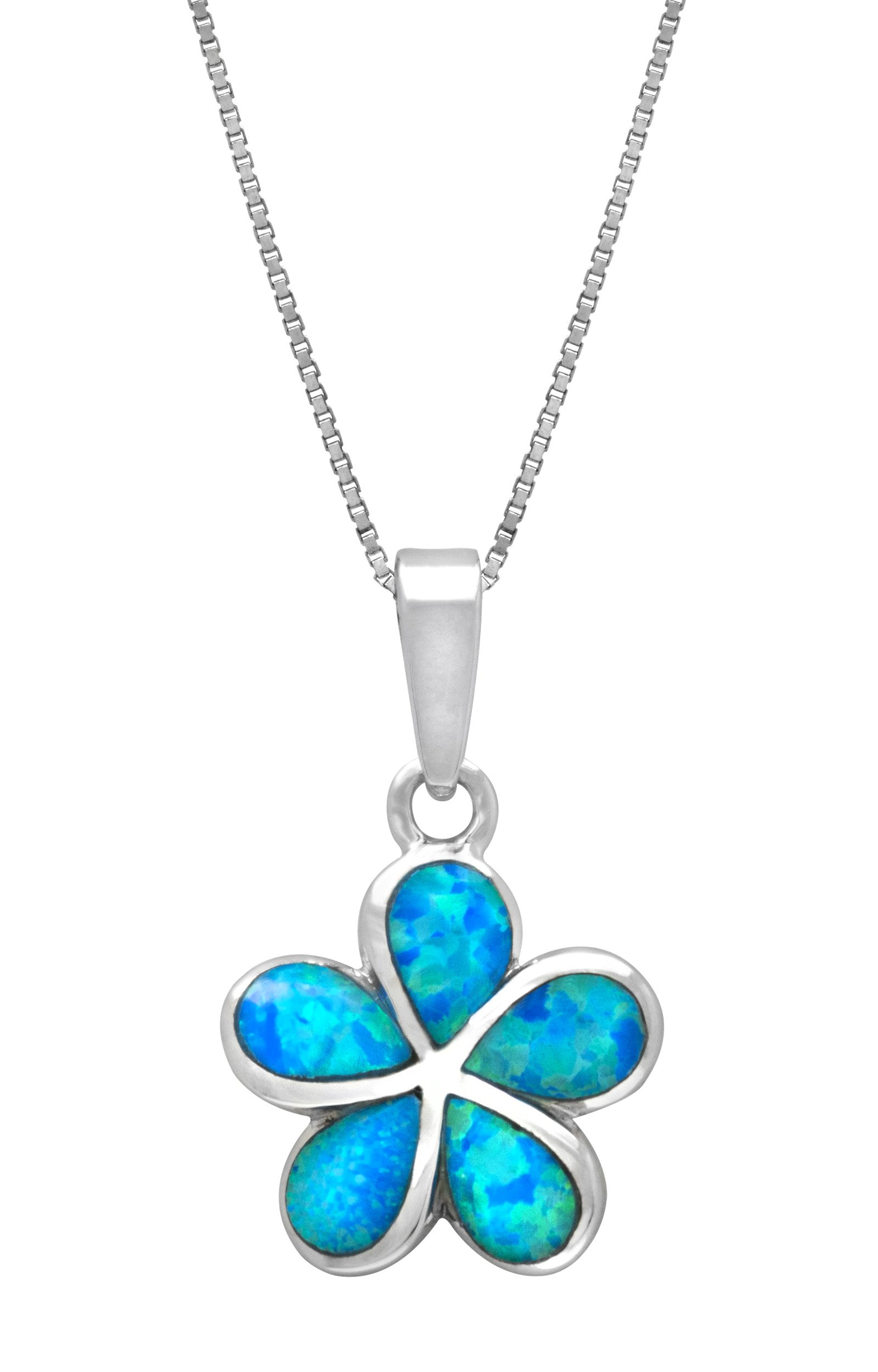 Honolulu Jewelry Company Sterling Silver Plumeria Flower Necklace Pendant with Simulated Blue Opal (19mm)