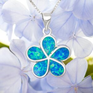 Honolulu Jewelry Company Sterling Silver Plumeria Flower Necklace Pendant with Simulated Blue Opal (19mm)