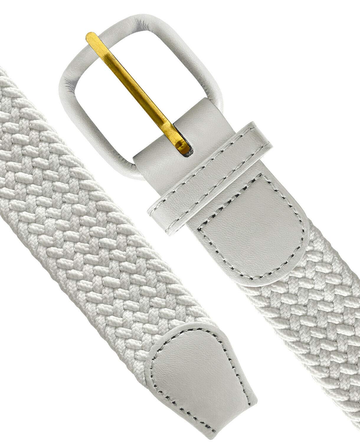 Belts.com Leather Covered Buckle Woven Elastic Stretch Belt, White, (L(37"-39")