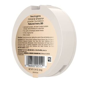 Neutrogena Mineral Sheers Compact Powder Foundation, Lightweight & Oil-Free Mineral Foundation, Fragrance-Free, Natural Ivory 20,.34 oz (Pack of 2)