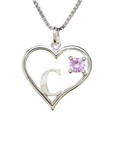 arbach’s icy jewelry - sterling silver box chain personalized birthstone pendant statement necklace - heart & letter (c)