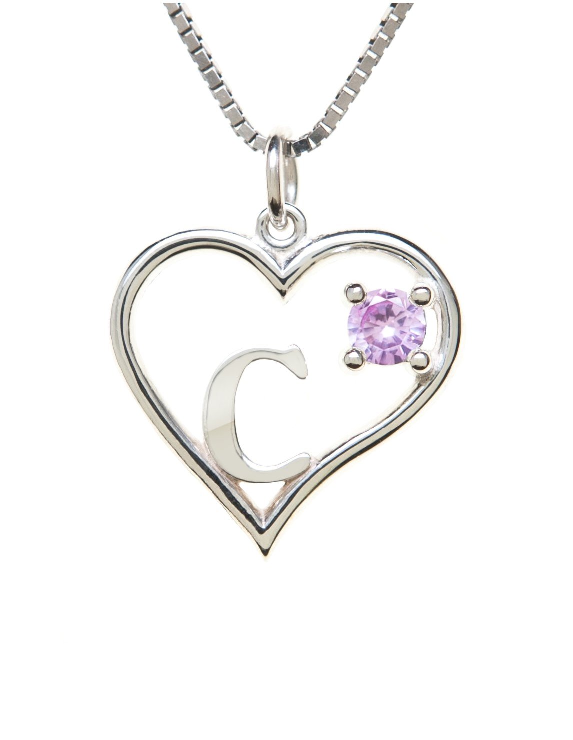 Arbach’s Icy Jewelry - Sterling Silver Box Chain Personalized Birthstone Pendant Statement Necklace - Heart & Letter (C)