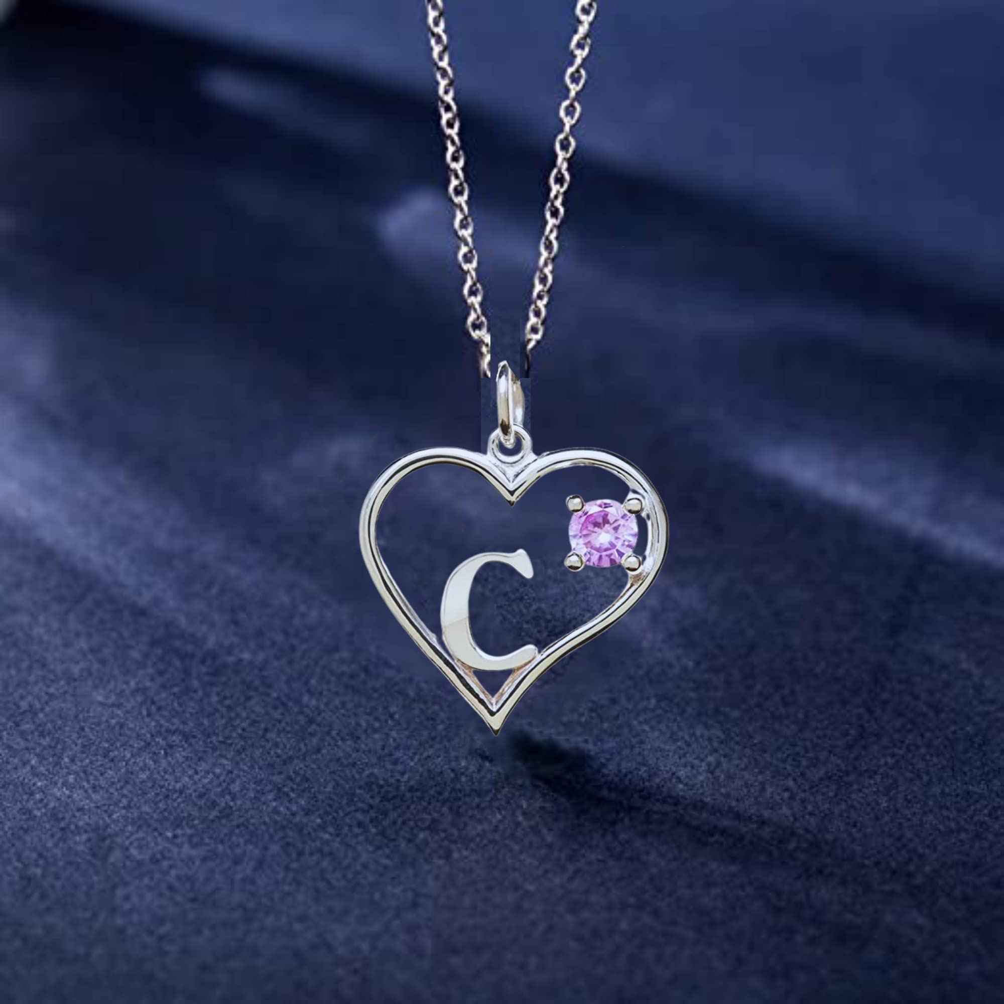 Arbach’s Icy Jewelry - Sterling Silver Box Chain Personalized Birthstone Pendant Statement Necklace - Heart & Letter (C)