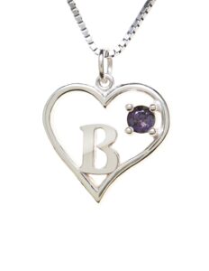 arbach’s icy jewelry - sterling silver box chain personalized birthstone pendant statement necklace - heart & letter (b)