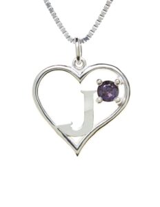 arbach’s icy jewelry - sterling silver box chain personalized birthstone pendant statement necklace - heart & letter (j)