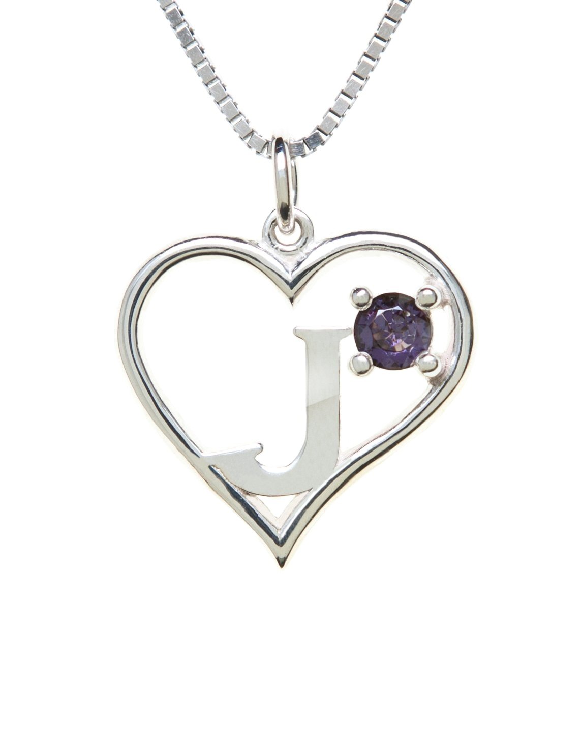 Arbach’s Icy Jewelry - Sterling Silver Box Chain Personalized Birthstone Pendant Statement Necklace - Heart & Letter (J)