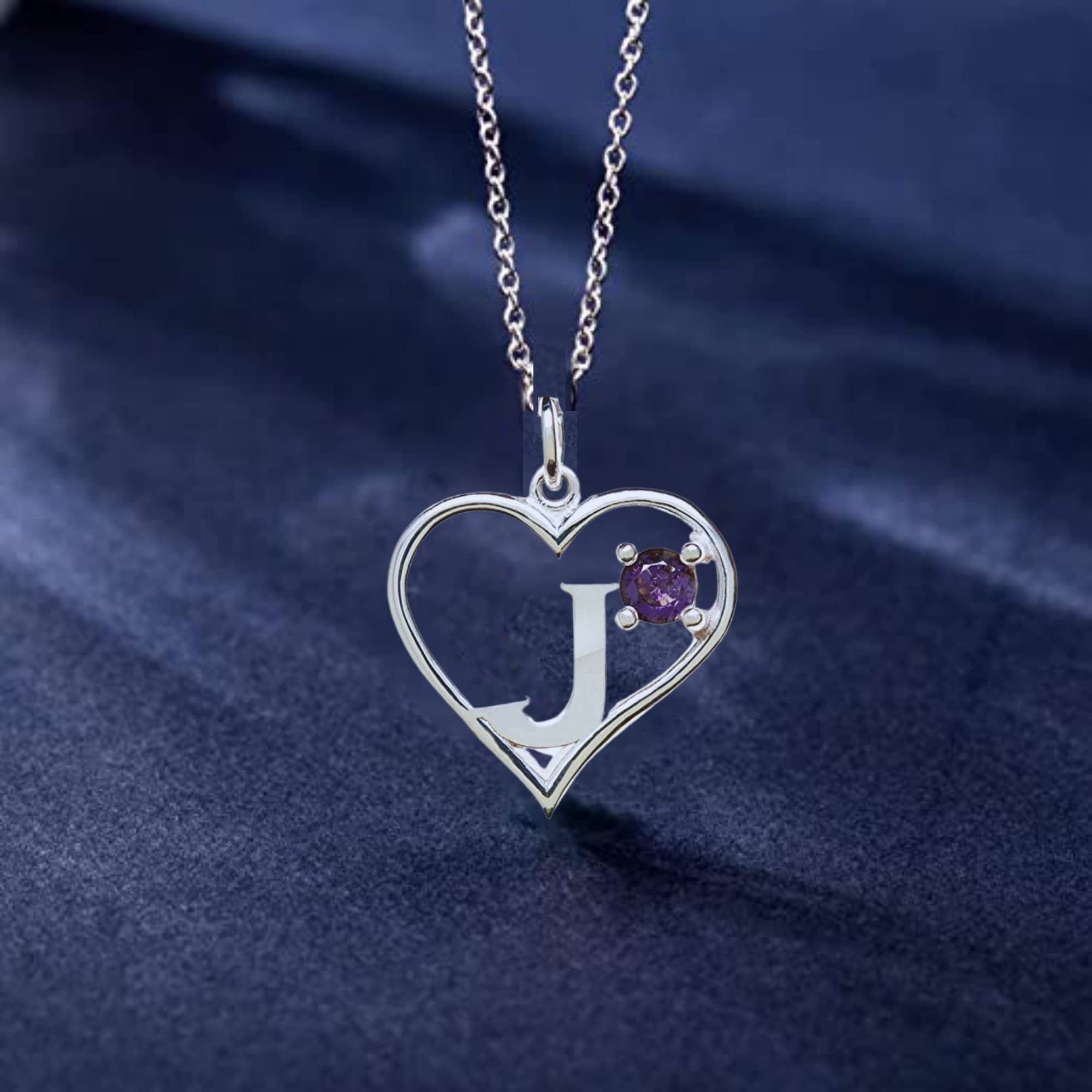 Arbach’s Icy Jewelry - Sterling Silver Box Chain Personalized Birthstone Pendant Statement Necklace - Heart & Letter (J)