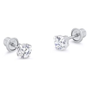 14k white gold 3mm basket round solitaire cubic zirconia children screw back baby girls earrings