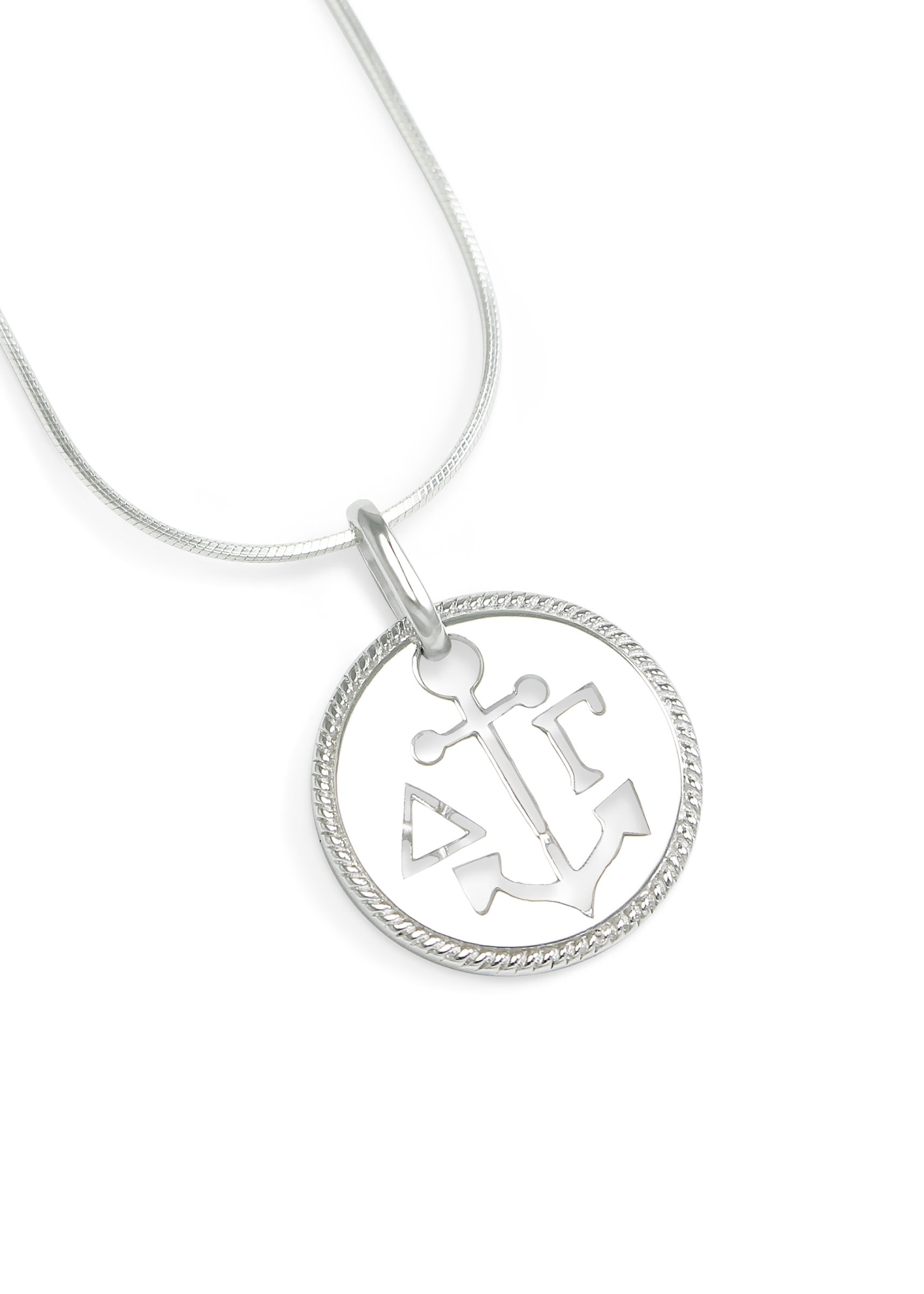 The Collegiate Standard Delta Gamma Sterling Silver Circular Pendant with cut-out Anchor