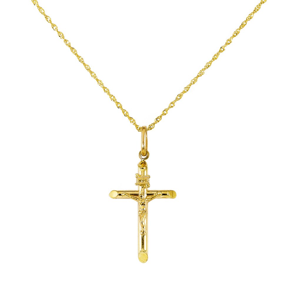 Pyramid Jewelry 14k Yellow Gold Jesus Crucifix Cross Pendant with Luxury Italian Chain (16 Inches)