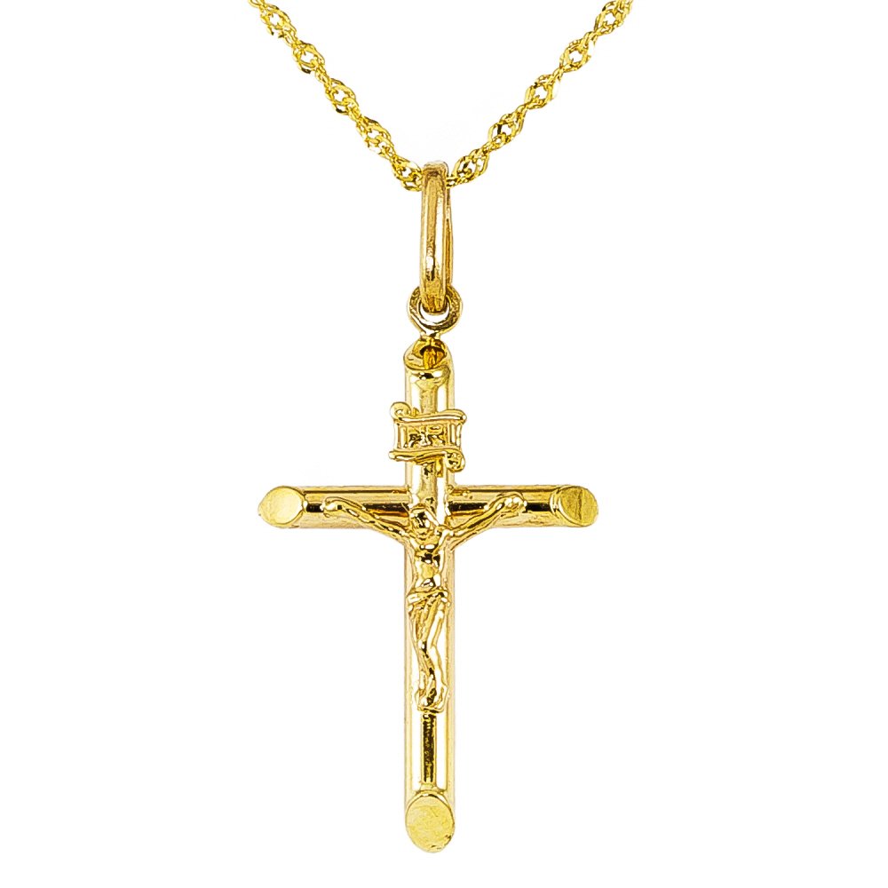 Pyramid Jewelry 14k Yellow Gold Jesus Crucifix Cross Pendant with Luxury Italian Chain (16 Inches)