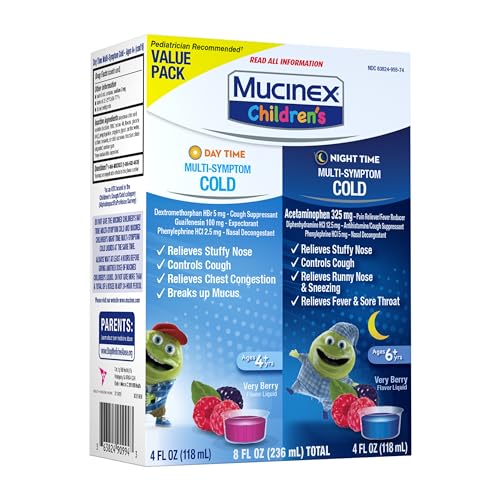 Mucinex Children's Day & Night Combo Pack, Kids Cold Medicine / Kids Cough Medicine, Daytime Cold Medicine & Night Time Cold and Flu Medicine, Mucinex Kids Medicine, Berry Flavor Liquid (2 X 4 Fl Oz)