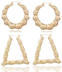 goldtone 3.25 inch bamboo style hoop earrings and a triangle bamboo 3.5 inch hoop (e-788 + e-799)