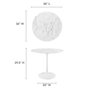 Modway Lippa 36" Mid-Century Dining Table with Round Artificial Marble Top in White