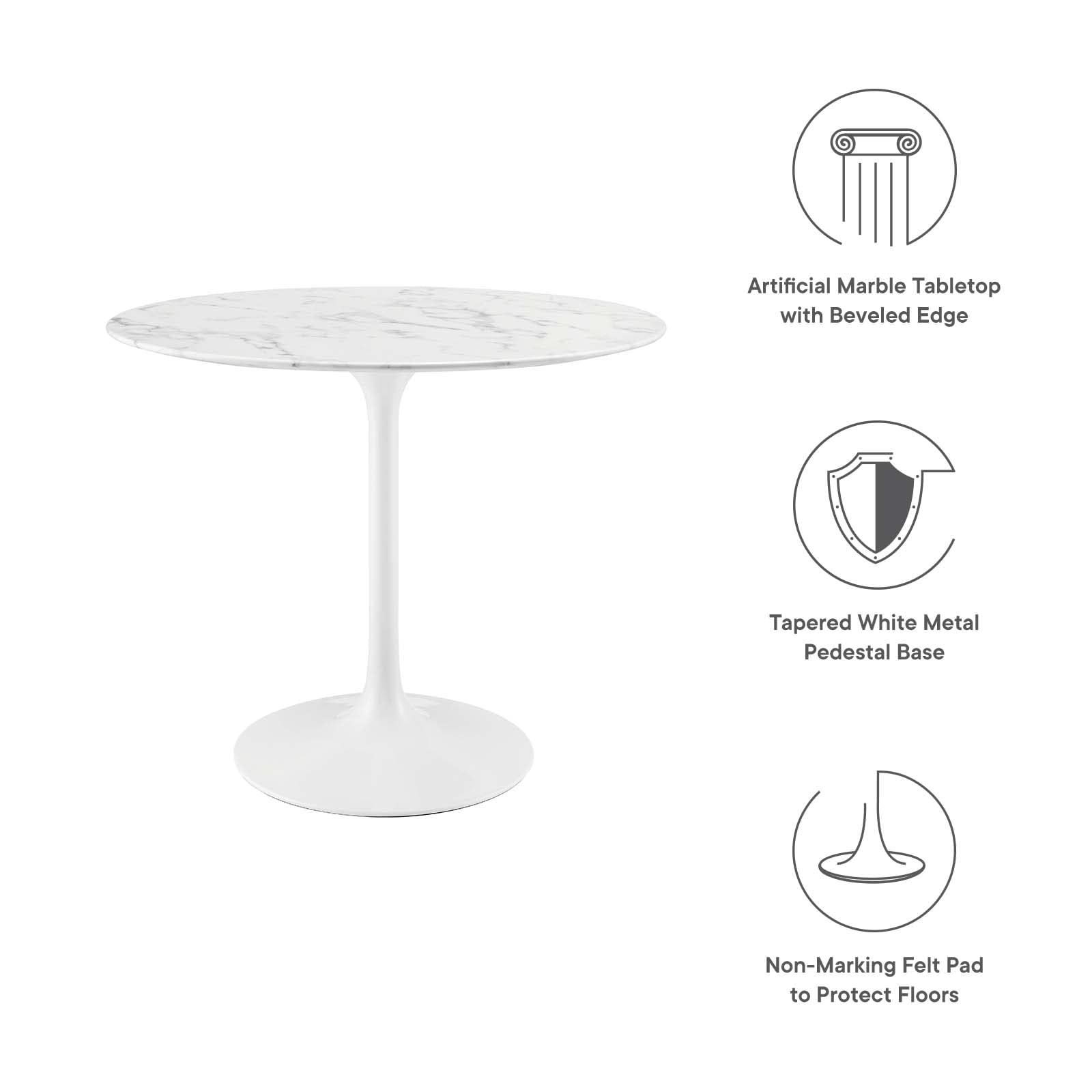 Modway Lippa 36" Mid-Century Dining Table with Round Artificial Marble Top in White