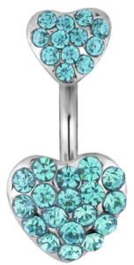 forbidden body jewelry surgical steel aqua blue pave jeweled double heart belly button ring