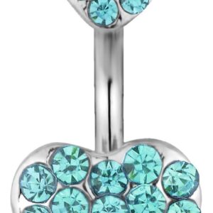 Forbidden Body Jewelry Surgical Steel Aqua Blue Pave Jeweled Double Heart Belly Button Ring