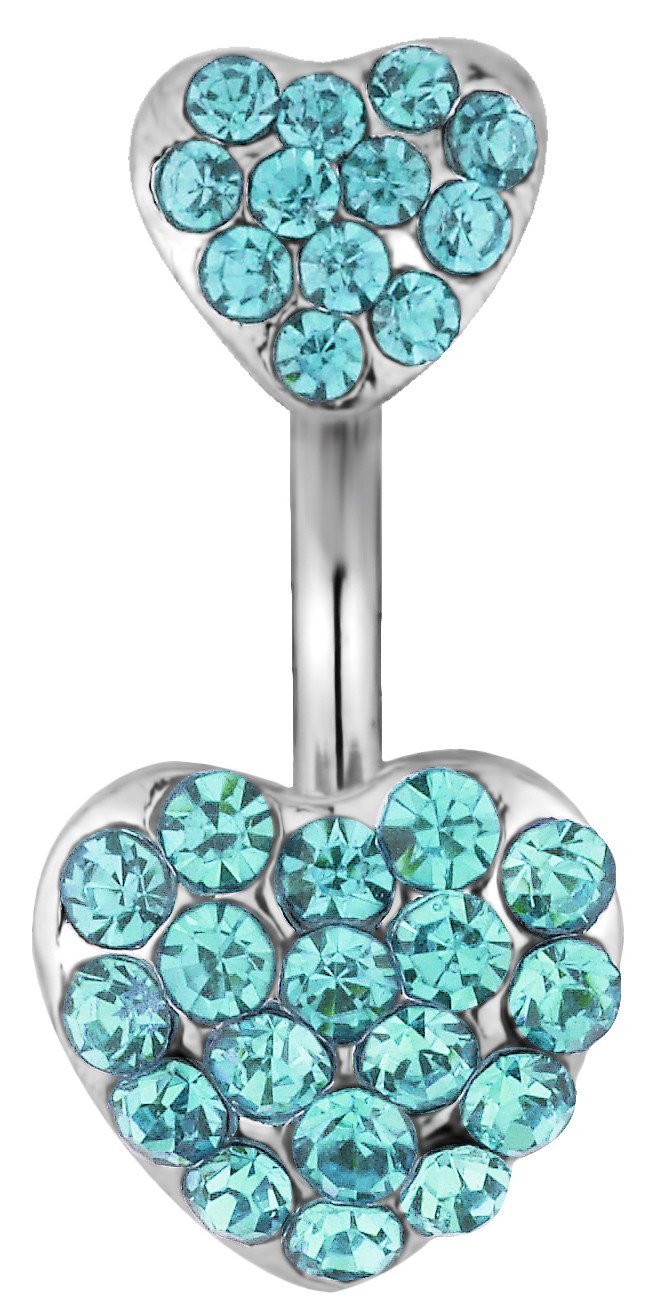 Forbidden Body Jewelry Surgical Steel Aqua Blue Pave Jeweled Double Heart Belly Button Ring