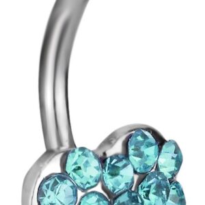 Forbidden Body Jewelry Surgical Steel Aqua Blue Pave Jeweled Double Heart Belly Button Ring